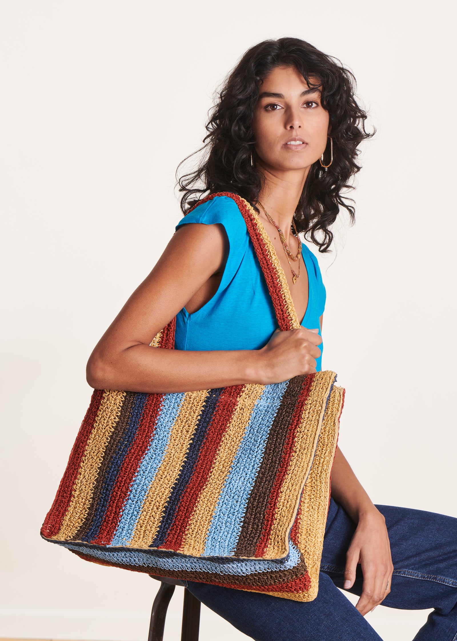 Sac cabas raphia multicolore - La Fée Maraboutée