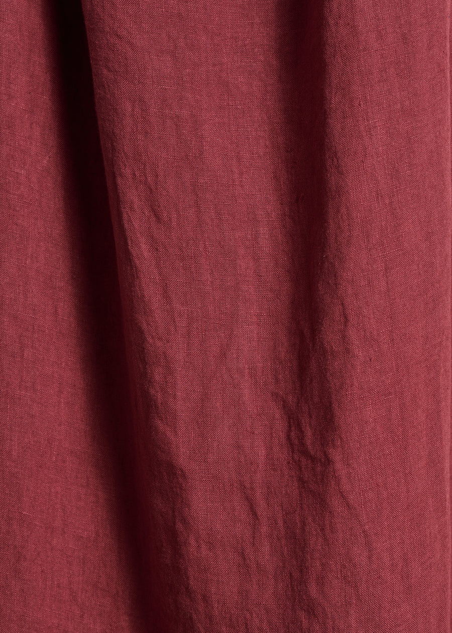 Loose long dress in burgundy linen with short sleeves - La Fée Maraboutée