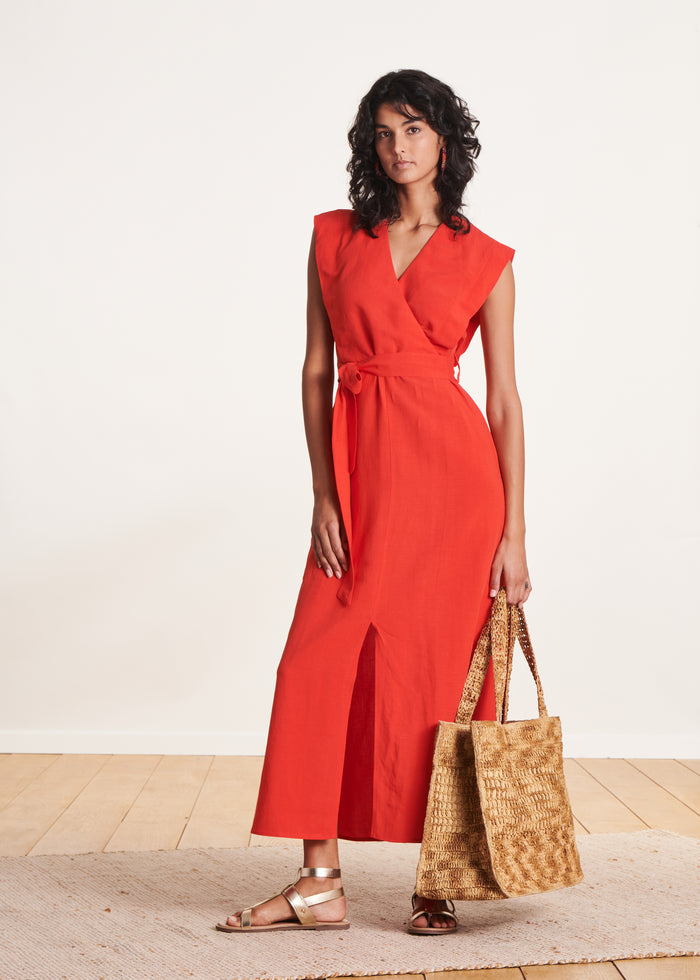 Robe mi-longue fendue cache-cœur orange - La Fée Maraboutée