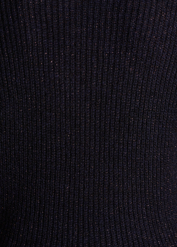 Pull court bleu foncé en maille irisée manches longues col V - La Fée ...
