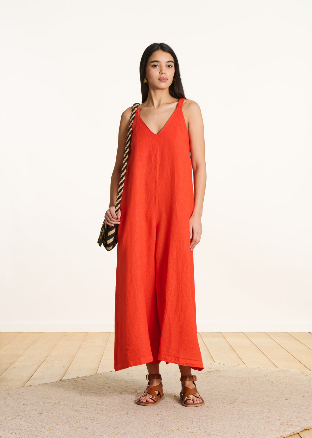 Combinaison en lin orange à bretelles élastiques - La Fée Maraboutée