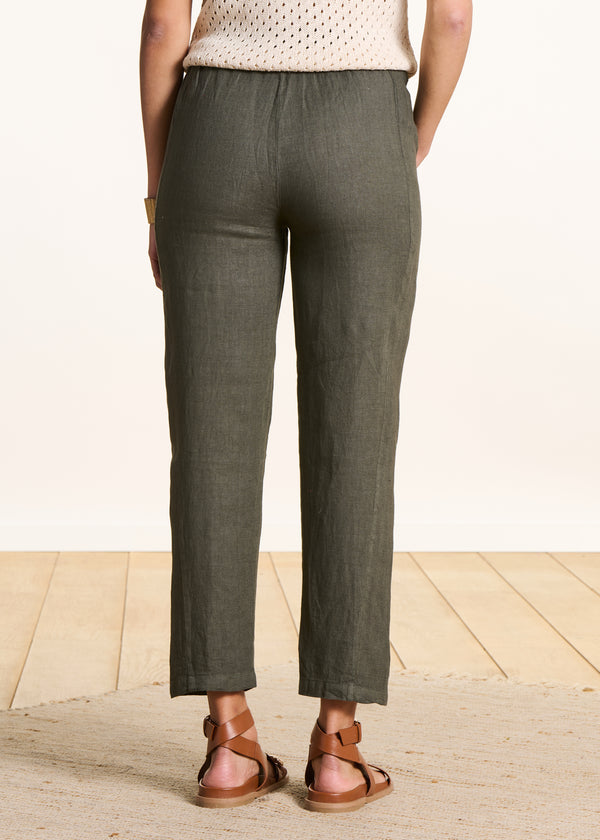 Pantalon carotte kaki en lin taille élastiquée - La Fée Maraboutée