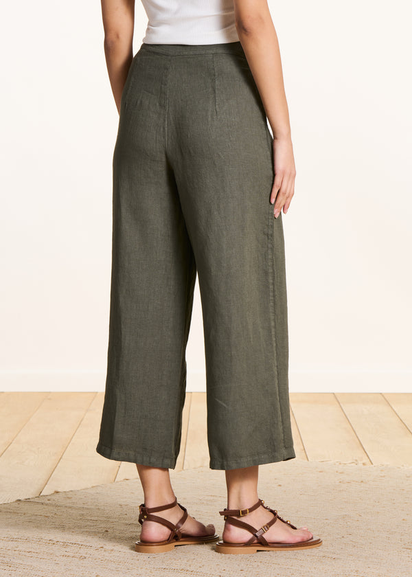 Pantalon large 7/8ème kaki en lin avec pan - La Fée Maraboutée