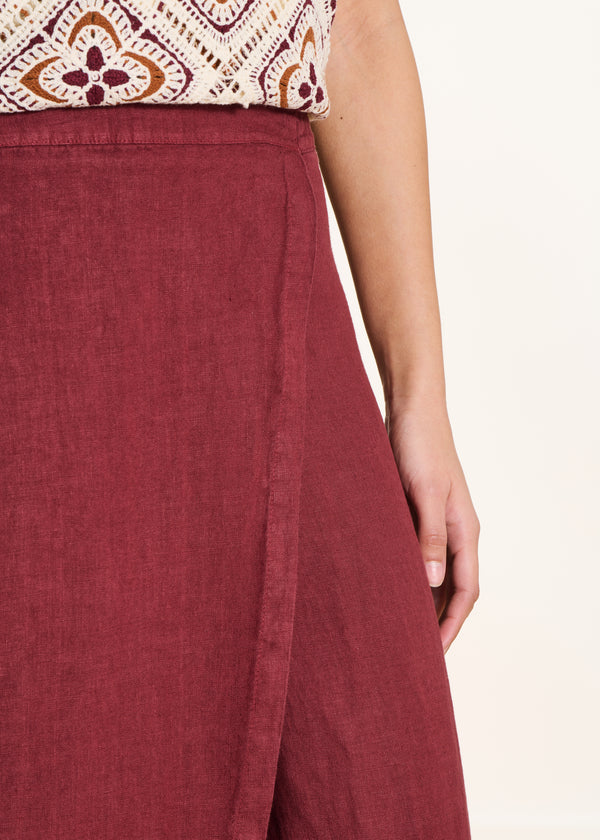 Pantalon large 7/8ème bordeaux en lin avec pan - La Fée Maraboutée