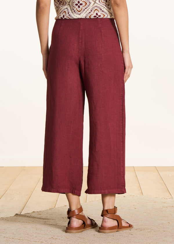 Pantalon large 7/8ème bordeaux en lin avec pan - La Fée Maraboutée