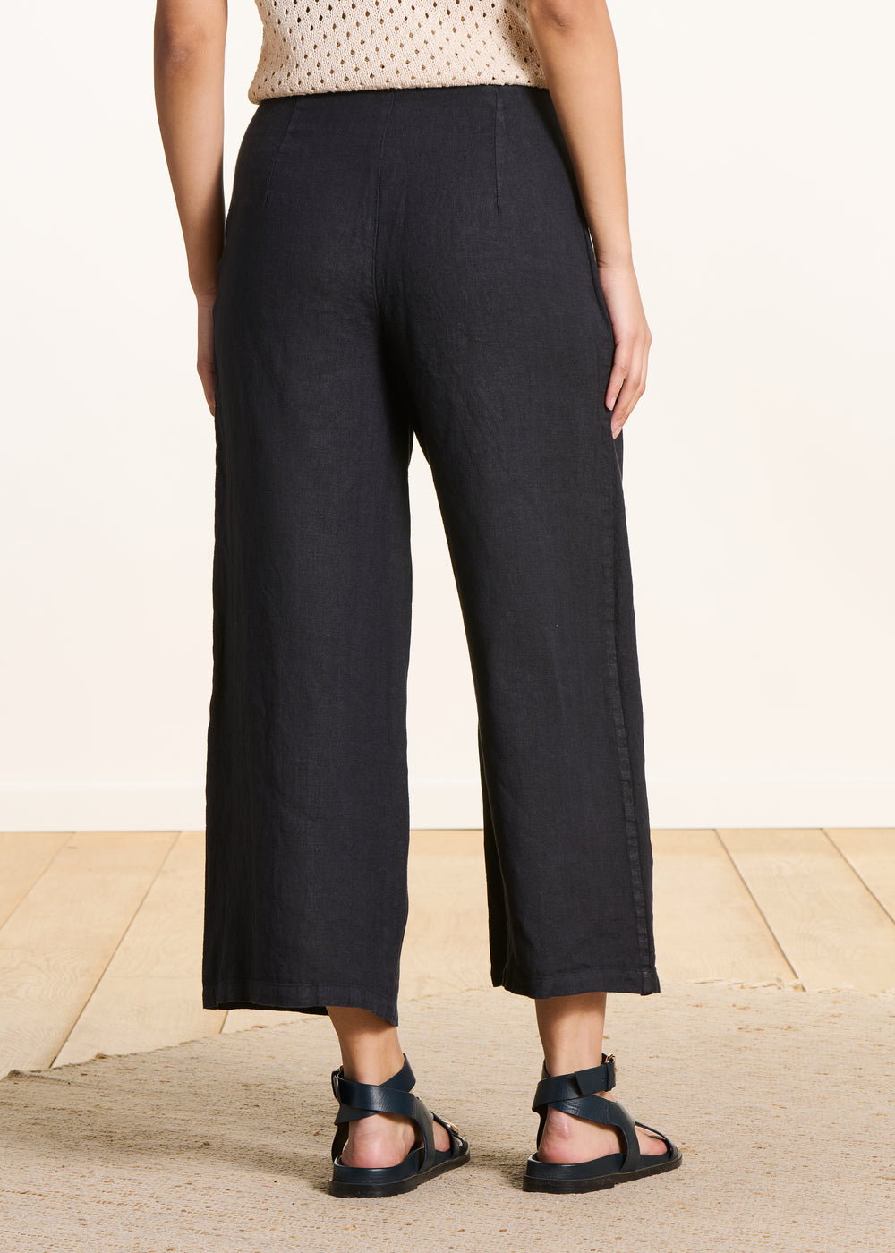 Pantalon large 7/8ème bleu foncé en lin avec pan - La Fée Maraboutée