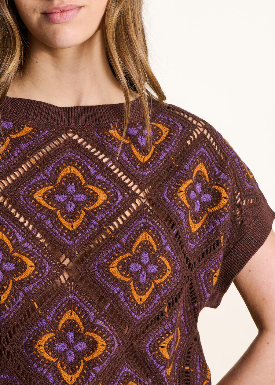 Brown short-sleeve crochet knit sweater - La Fée Maraboutée