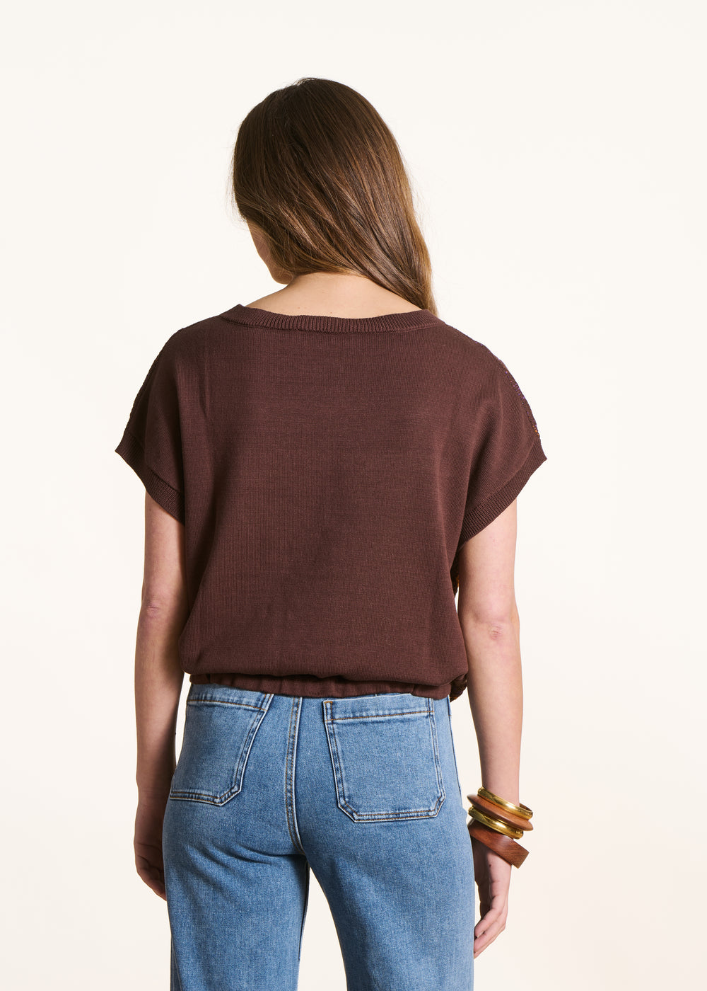 Brown short-sleeve crochet knit sweater - La Fée Maraboutée